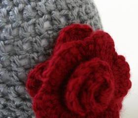 Gray Ruffle Cloche With Deep Red Rose, Newborn Hat on Luulla