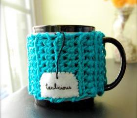 Personalized Tea Coffee Mug Cozy - Vibrant Blue Crocheted Cup Cosy on ...