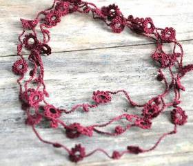 Delicate Crochet Flower Necklace In Maroon on Luulla