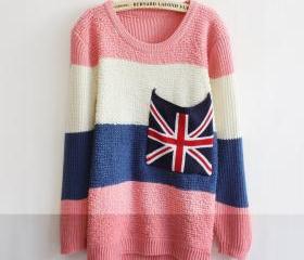 Pink Beige Striped Flag Large Pocket Sweater on Luulla